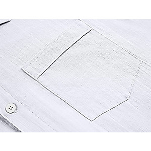 Men Cotton Linen Button Down Shirts Short Sleeve Summer Beach Tops Lightweight Casual V Neck Plain Holiday Shirt (White,Large)