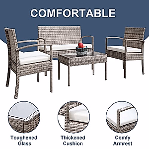 EMKK 4 Pieces Outdoor Sectional Wicker Patio Furniture Sets, All-Weather Rattan Sofa Conversation Cushions, Loveseat, Glass Table, Shallow Grey