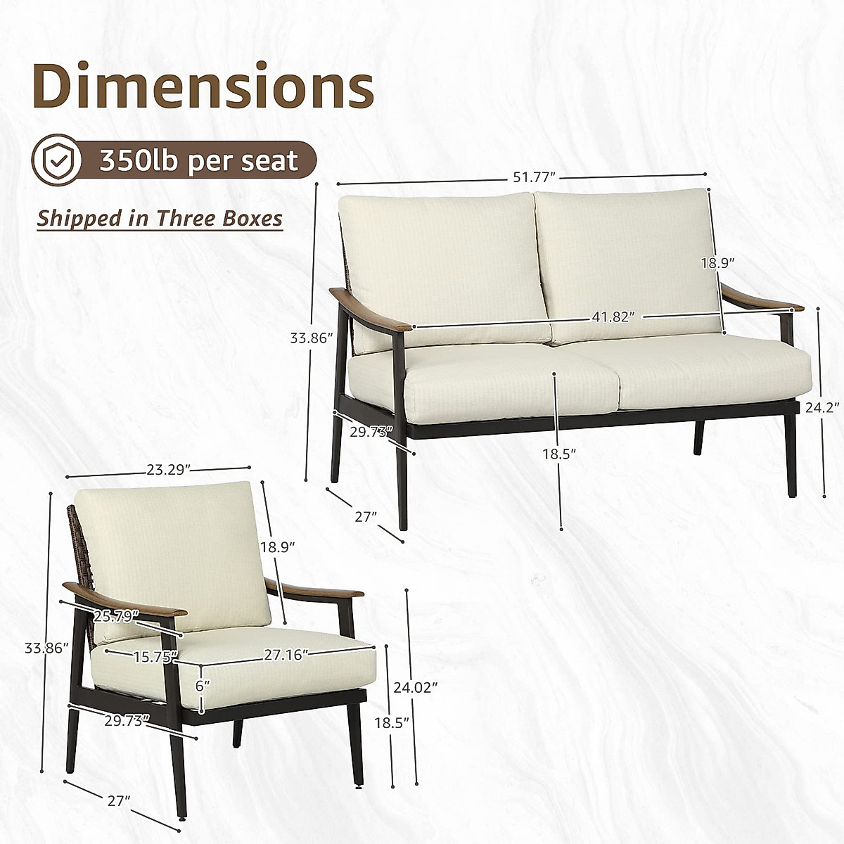 NATURAL EXPRESSIONS 3 Pieces Patio Furniture Set, Outdoor Furniture Sofa Sectional Modern Metal Patio Conversation Set with High Back Wicker Backrest & Loveseat for Balcony, Backyard, Deck, Porch