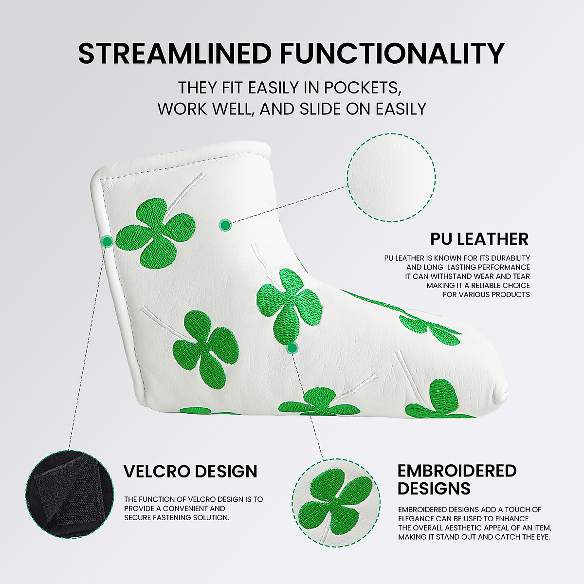 Golf Putter Head Covers Blade Club Headcover PU Leather Protector Cover Black White Fits All Putters for Men Women (White&Green Leaves)