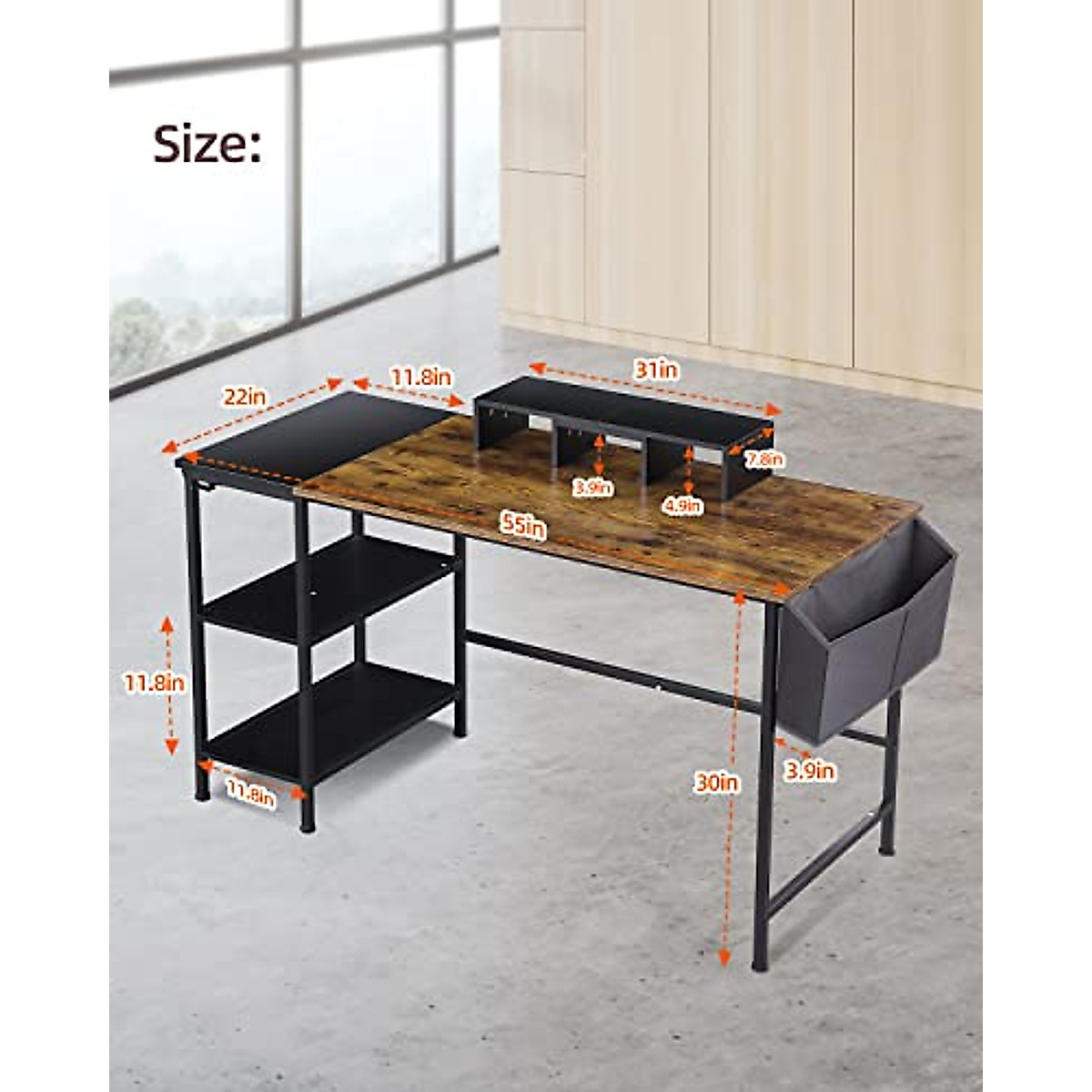 Ohuhu 55 Inch Large Computer Desk with Storage Shelves, 2-Tier Industrial Home Office Writing Study Desks with Monitor Stand Storage Bag and Hooks Laptop Work Table for Gaming Bedroom Living Room