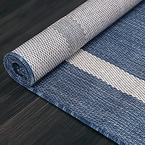 Beverly Rug Waikiki Indoor Outdoor Rug 8x10, Washable Outside Carpet for Patio, Deck, Porch, Bordered Modern Area Rug, Water Resistant, Blue - White