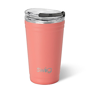Swig Life 24oz Party Cup, Stackable Insulated Travel Coffee Tumbler with EZ Slider Lid, Cup Holder Friendly Travel Thermos, Stainless Steel 24 oz Tumbler, Reusable Coffee Mug (Coral)