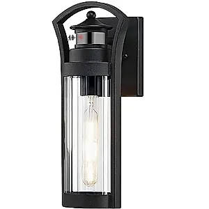 PTRWOROA Dusk to Dawn Motion Sensor Outdoor Wall Light, 15 Inches Large Black Exterior Wall Sconce Lantern Lighting with Ribbed Glass, Wall Mounted Light Fixture for Garage Porch Patio