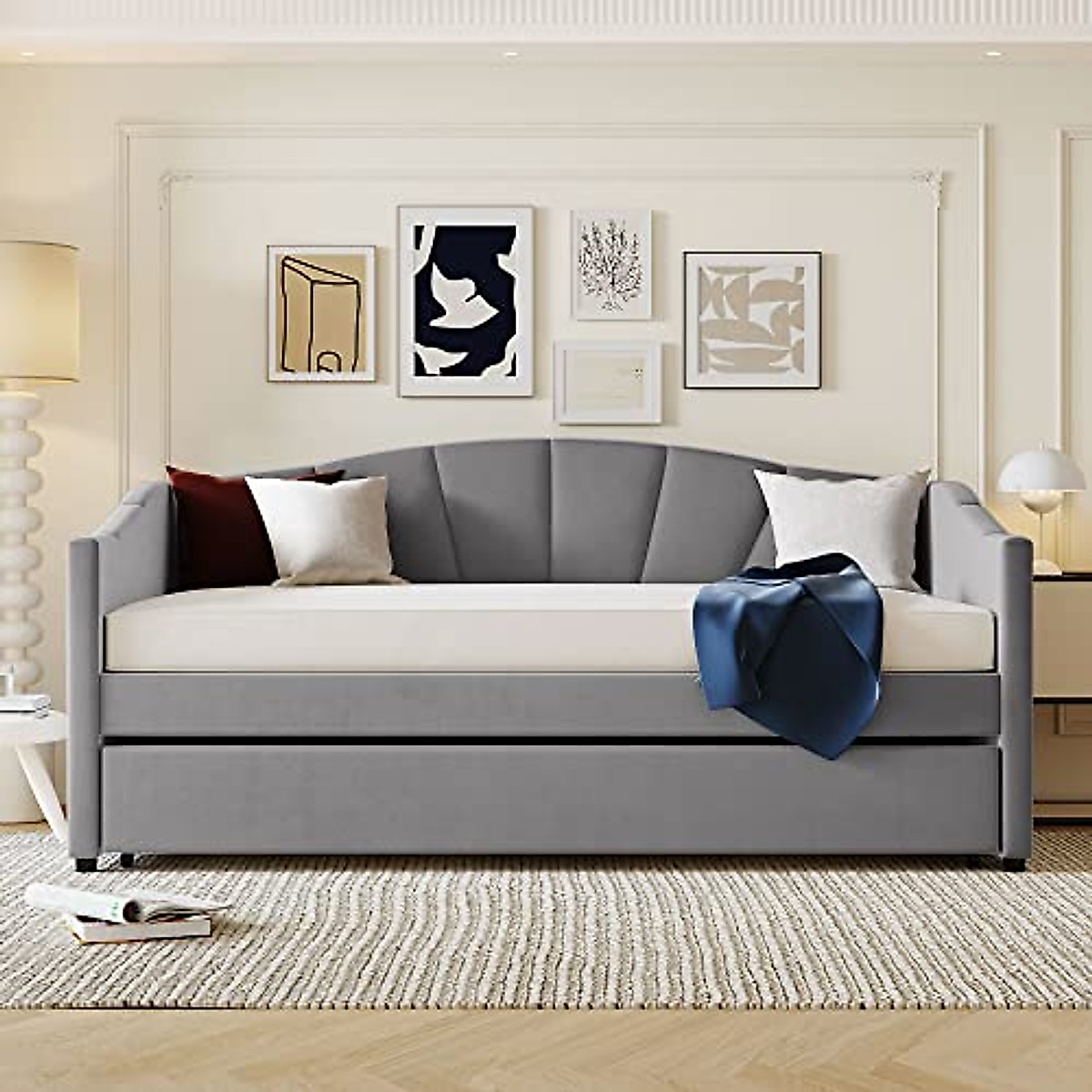 BIADNBZ Twin Size Daybed with Trundle and Wood Slats Support, Upholstered Sofa Bed for Bedroom GuestRoom Living Room, Gray