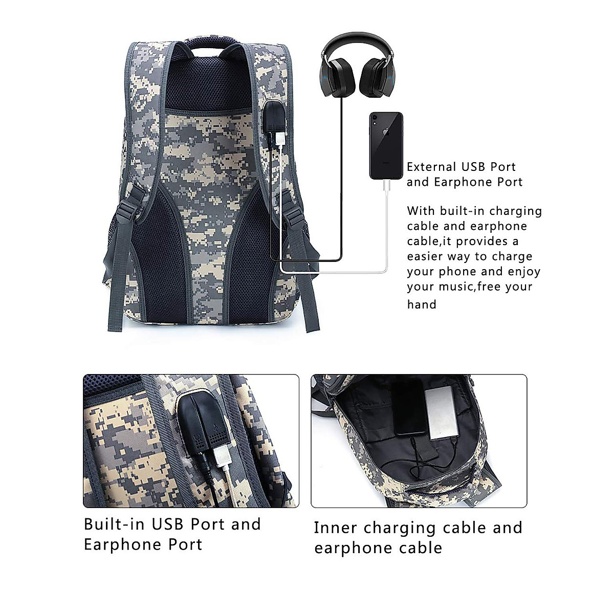 Camo Backpack, 40L Boys Backpack for School, Camouflage MOLLE Bookbag with USB Charging Port