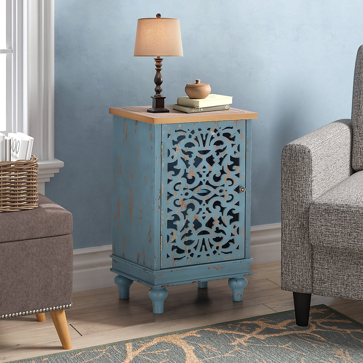 PHI VILLA Small Accent Storage Cabinet with Single Door - Decorative Nightstand for Living Room Bedroom, End Side Table Cabinet Blue