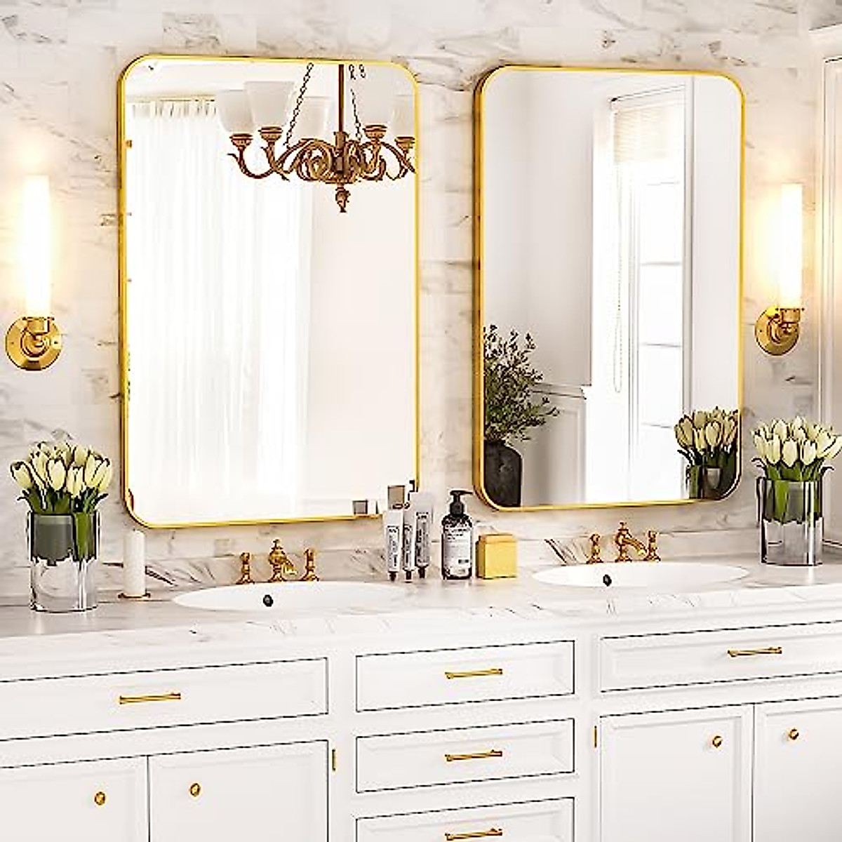 Antok Rounded Bathroom Mirror, 20" x 28" Rectangular Wall Mirror, Aluminum Alloy Frame Contemporary Hanging Mirror for Living Room Bedroom Bathroom Entryway, Gold