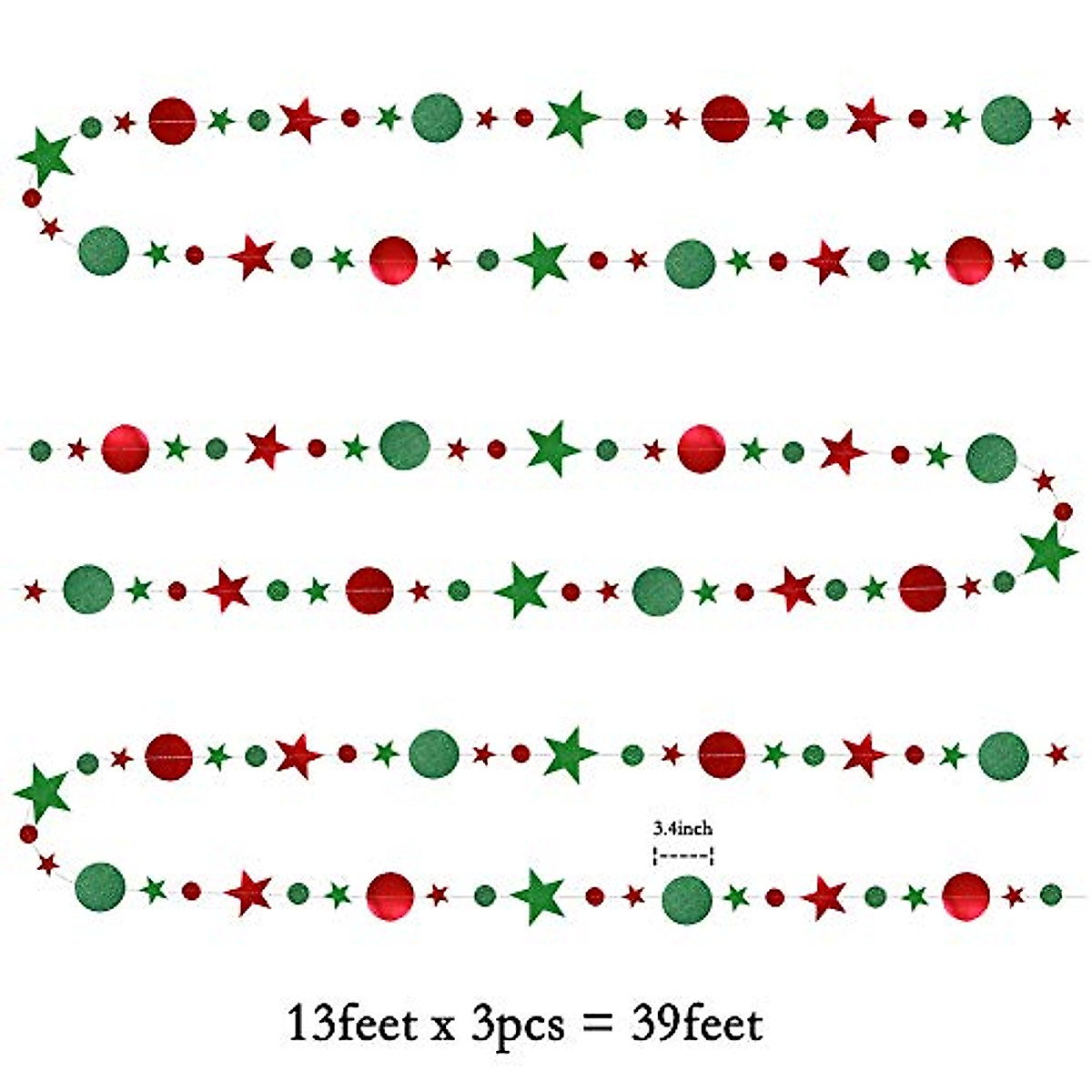 Decor365 Glitter Christmas Star Garland Green Red Decoration Circle Dots Garland Xmas Party Hanging Decor/Streamer/Banner/New Year Eve Celebration/ Christmas Tree/Birthday/Wedding/Baby Shower