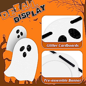 Halloween Ghost Banner Decorations - White Glittery Spook Garland Bunting Banner for Haunted Houses Wall Doorways Indoor Outdoor Home Mantel Decorations Party Supplies