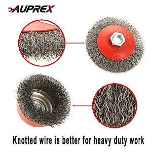AUPREX 4 Pack Wire Wheel Brush for Angle Grinder, 4 Inch Angle Grinder Wire Wheel Set, 3 Inch Wire Cup Brush for 4 1/2 Angle Grinder, 5/8”-11 Thread Arbor, Twist Knotted Coarse Crimped Wire Brush Set