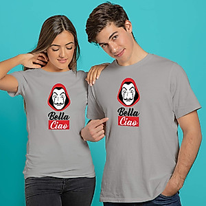 BannerBuzz, Bella Ciao Crew Neck T-Shirt Short Sleeve, Cotton Fabric, Unisex, Digitally Printed, Fabric Warranty for up to 25 Washes (XX-Large, Gray)