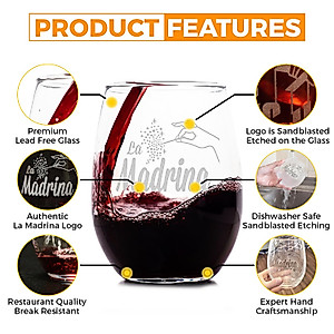 La Madrina Etched Stemless Wine Glass - Premium Quality, Handcrafted Glassware, 15 oz. - A Collectible Gift for Godparents, Birthdays, & Special Occasions