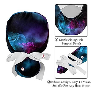 DEYYA 2 Pieces Bouffant Cap with Button Ponytail Pouch, Cotton Working Hat Sweatband, Adjustable Surgical Caps Space Galaxy Universe, Multicoloured 6, Medium-3X-Large
