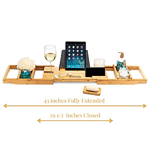 Luxury Bamboo Bathtub Caddy Tray with Two Free Bath Bombs, Soap Holder, and Non-Slip Silicone Grips - Durable and Solid - Expandable Organizer with Removable Spa Trays