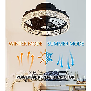 Q&S Modern Ceiling Fan with Lights,Low Profile Enclose Black Cage Semi Flush Mount Crystal Ceiling Fans with Remote 6 Speeds 3 Colors Dimmable LED Light Fixture for Bedroom Living Room Gym 18.9"