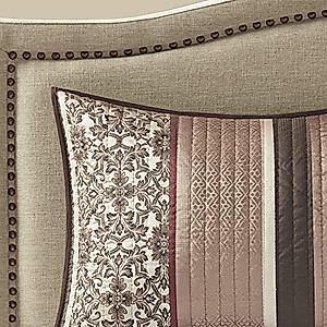 Madison Park Quilt Set Luxurious Jacquard Stripes Design - All Season, Coverlet Bedspread Lightweight Bedding Layer, Shams, Decorative Pillow, Full/Queen(90"x90"), Floral Red 5 Piece