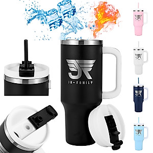 JR-FAMILY 40oz Spill Proof Tumbler with Lid Straw and Handle, Stainless Steel Insulated Travel Coffee Mug, Cup Holder Friendly, Easy Clean, Gifts for Women Men - Black