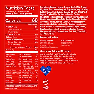 Baby's Only Organic Dairy with Whey Toddler Drink, Milk Powder with Extra Whey Protein, Iron, Vitamin D, Toddlers 12 Months Old and Up, Organic Toddler Drink, Easy to Digest, 12.7 oz, 1 Pack