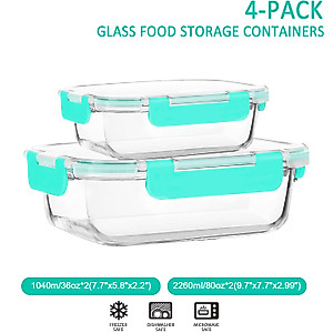 [80 oz & 36 oz]Extra Large Glass Food Storage/Baking Containers Set with Locking Lids, 2 Pack 80 oz(10 cup)&2 Pack 36 oz (4.5 cup)Airtight Glass Container,Microwave,Oven,Freezer and Dishwasher