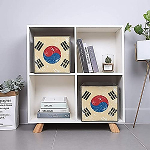 Retro South Korea Flag Storage Bins Cubes Foldable Fabric Organizers with Handles Clothes Bag Book Box Toys Basket for Shelves Closet 10.6"