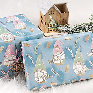 WRAPAHOLIC Reversible Christmas Wrapping Paper - 30 Inch X 100 Feet Jumbo Roll Blue Gnome and Plaid Design with Metallic Foil Shine