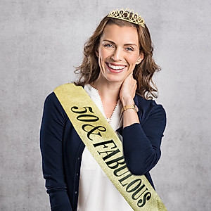 50th Birthday Celebration Set - Gold Pearl Pin, Crown, and Sash - Fabulous Party Favors for Women