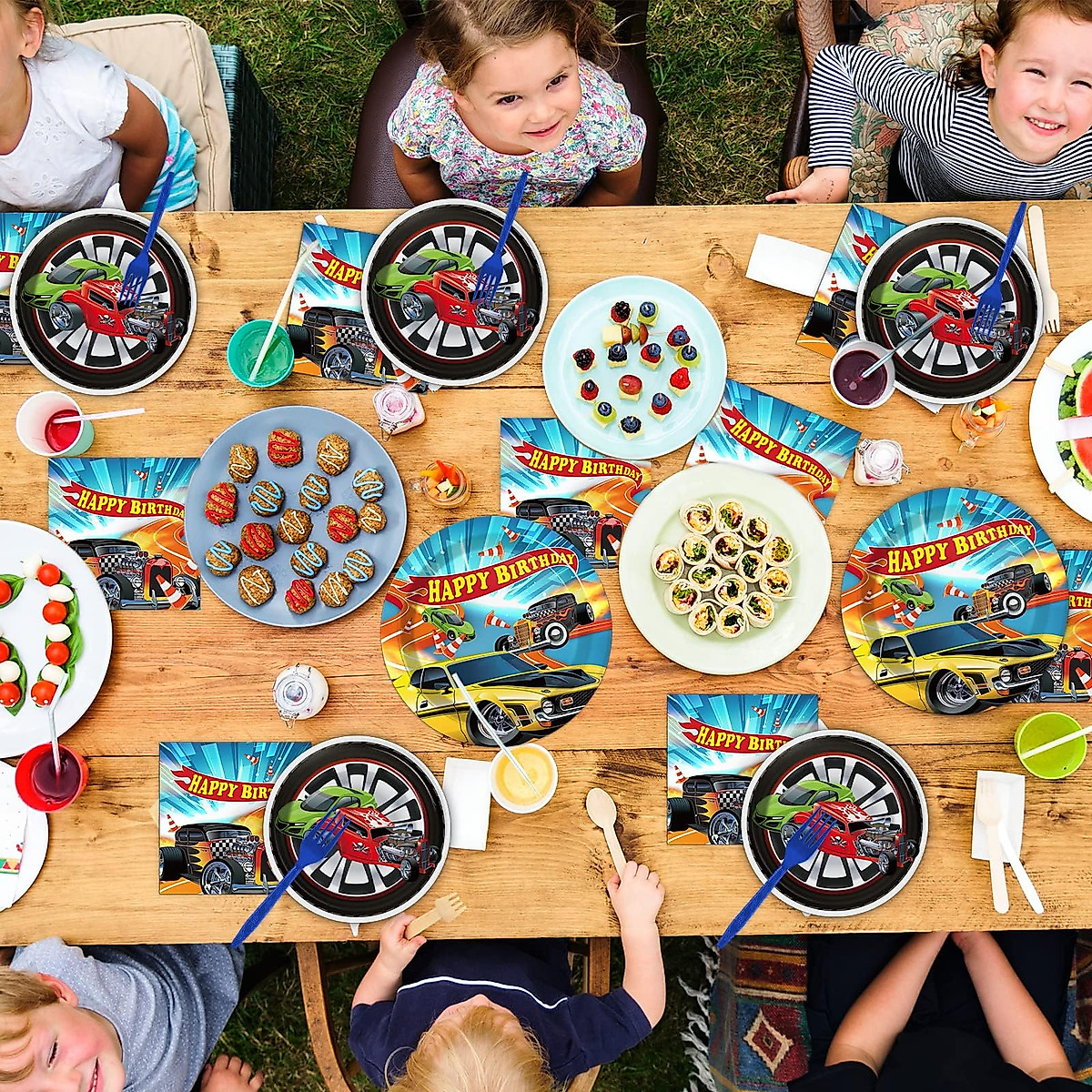 Tevxj 96 Pcs Racing Car Tableware Set Hot Car Birthday Dinnerware Disposable Plates Racing Car Plates Napkins Forks for Kids Boys Happy Birthday Party Decorations Supplies 24 guests