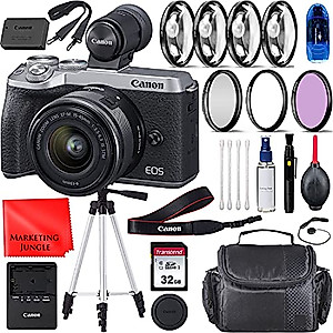 M6 Mark II Mirrorless Digital Camera with 15-45mm Lens + EVF-DC2 Viewfinder Bundle (Silver) vlogging Camera kit + Tripod, Memory Card, Lens Filters and More