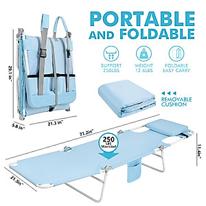 3 In 1 2 Pack Backpack Beach Tanning Lounge Chair with Face Hole Cushion Mattress Washable, Folding 6 Position Reclining Face Down Tanning Chair for Adults Reading Sunbathing Poolside, Blue, 2 Pack