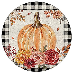 Fall Thanksgiving Round Area Rug 3ft,Washable Outdoor Indoor Carpet Runner Rug for Bedroom,Kitchen,Living Room,Office,Area+Rug Small Bath Door Desk Floor Mat Autumn Pumpkin Flower Leaves Plaid Check
