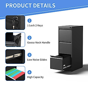 Yukimo Vertical File Cabinet with Drawers, 3 Drawer File Cabinet for Home Office, Locking File Cabinet Hanging Files for A4/ Legal/Letter, Black