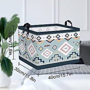 Clastyle Rectangle Blue Boho Clothes Storage Baskets Collapsible Waterproof Geometric Storage Bin for Living Room, 15.7 * 11.8 * 11.8 in