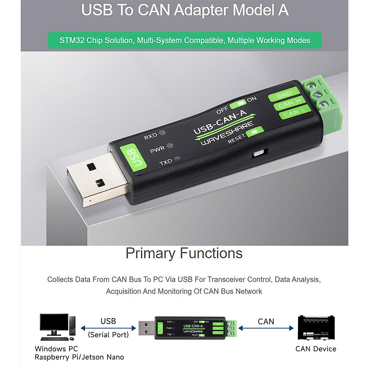 waveshare USB to CAN Adapter Model A STM32 Chip Solution, CAN Baud Rate 5kbps~1Mbps is Configurable, Support Windows XP/7/8/10/11 and Linux Systems, Multiple Working Modes