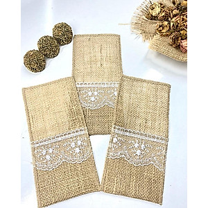 meditroia (Troia Textil(12,Pieces) Burlap Cutlery Holders Lace Utensil Pouch Knifes Forks Bag for Vintage Natural Wedding (4x8inch)