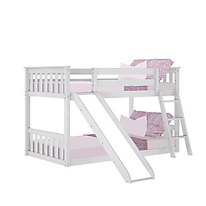 Max & Lily Twin Over Twin Low Bunk with Slide and Ladder, Wooden Bunk beds with 14” Safety Guardrail for Kids, Toddlers, Boys, Girls, Teens, Bedroom Furniture, White