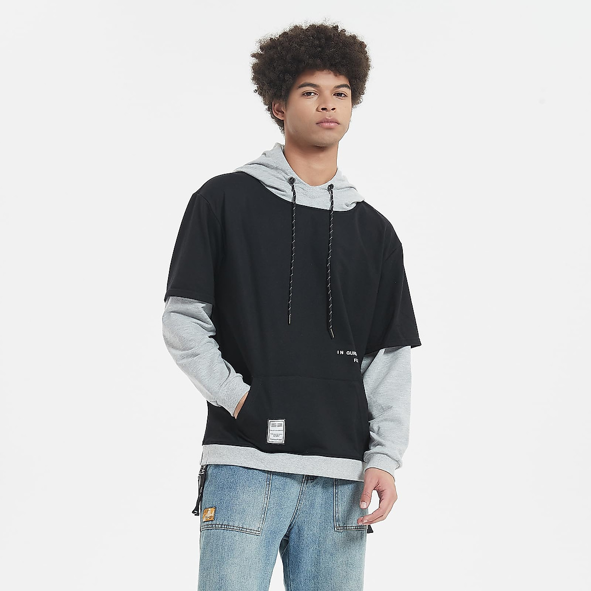 GURUNVANI Contrast Color Pullover Hoodie Mens Patchwork Hoodies Men，10W107GREY，Large