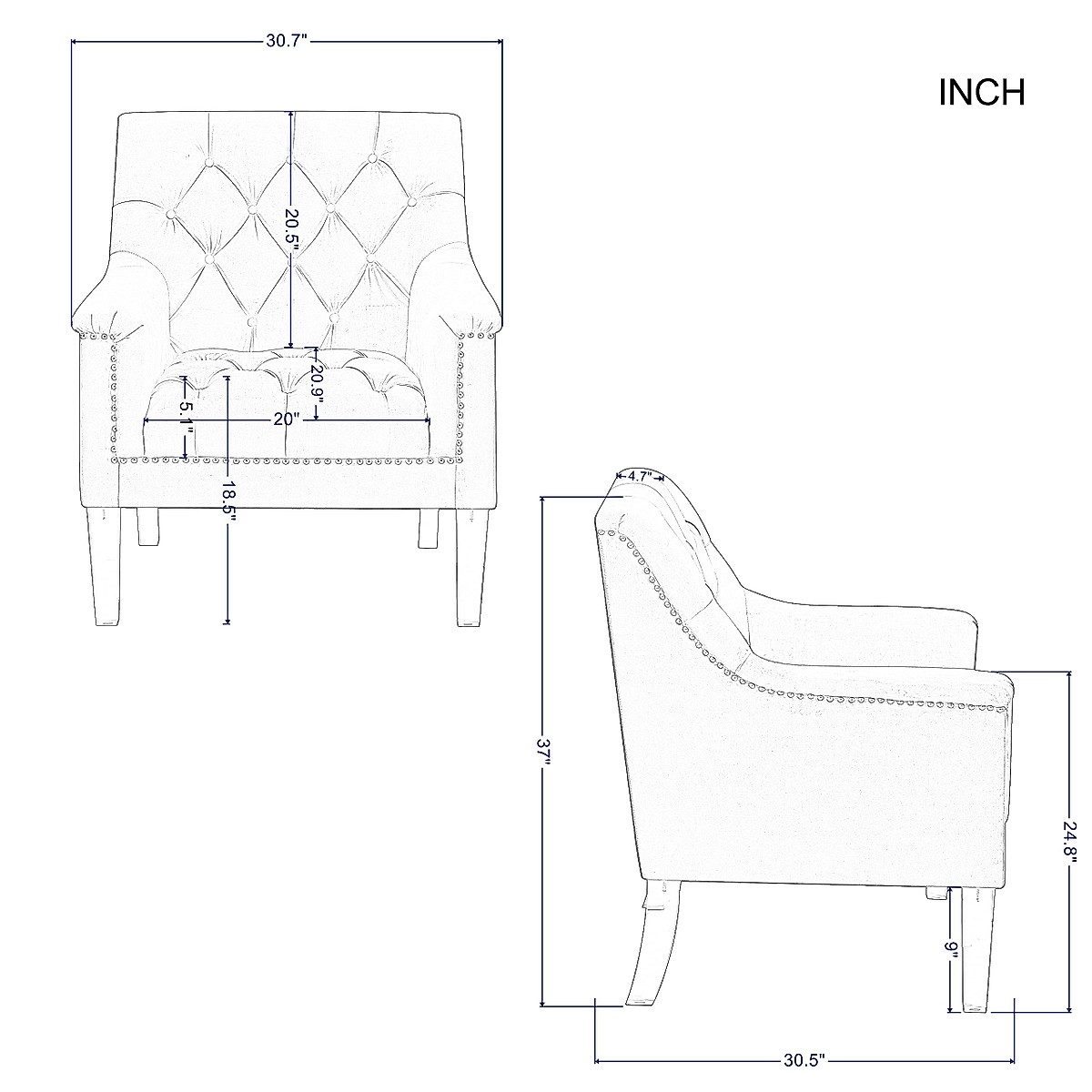 Goohome Modern Chesterfield Single Sofa with Sturdy Wood Legs, Velvet Upholstered Sofá with Button Tufted Back and Round Silver Copper Arms, Chair Couch for Living Room, Bedroom, Home Office