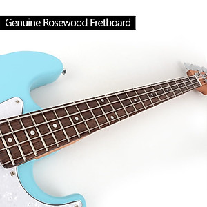 Fojill Full Size Standard Electric Bass Guitar Four 4 String Right Hand Handed Basswood Body Roasted Canadian Maple Neck Genuine Rosewood Fretboard Fingerboard with Gig Bag (Blue)