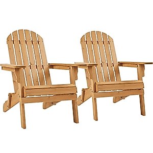 Yaheetech Folding Adirondack Chair Set of 2 Outdoor, 300LBS Solid Wood Garden Chair Weather Resistant, Fire Pit Lounge Chairs for Garden/Yard/Patio/Lawn, Natural Wood