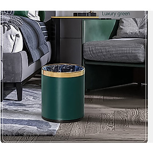 Luxury Metal Waste Bin 10L, Double Layer Trash Can PU Leather Covered Round Wastebasket Dust Bins for Kitchen Bathroom Hotel Office (MOLADI Green)