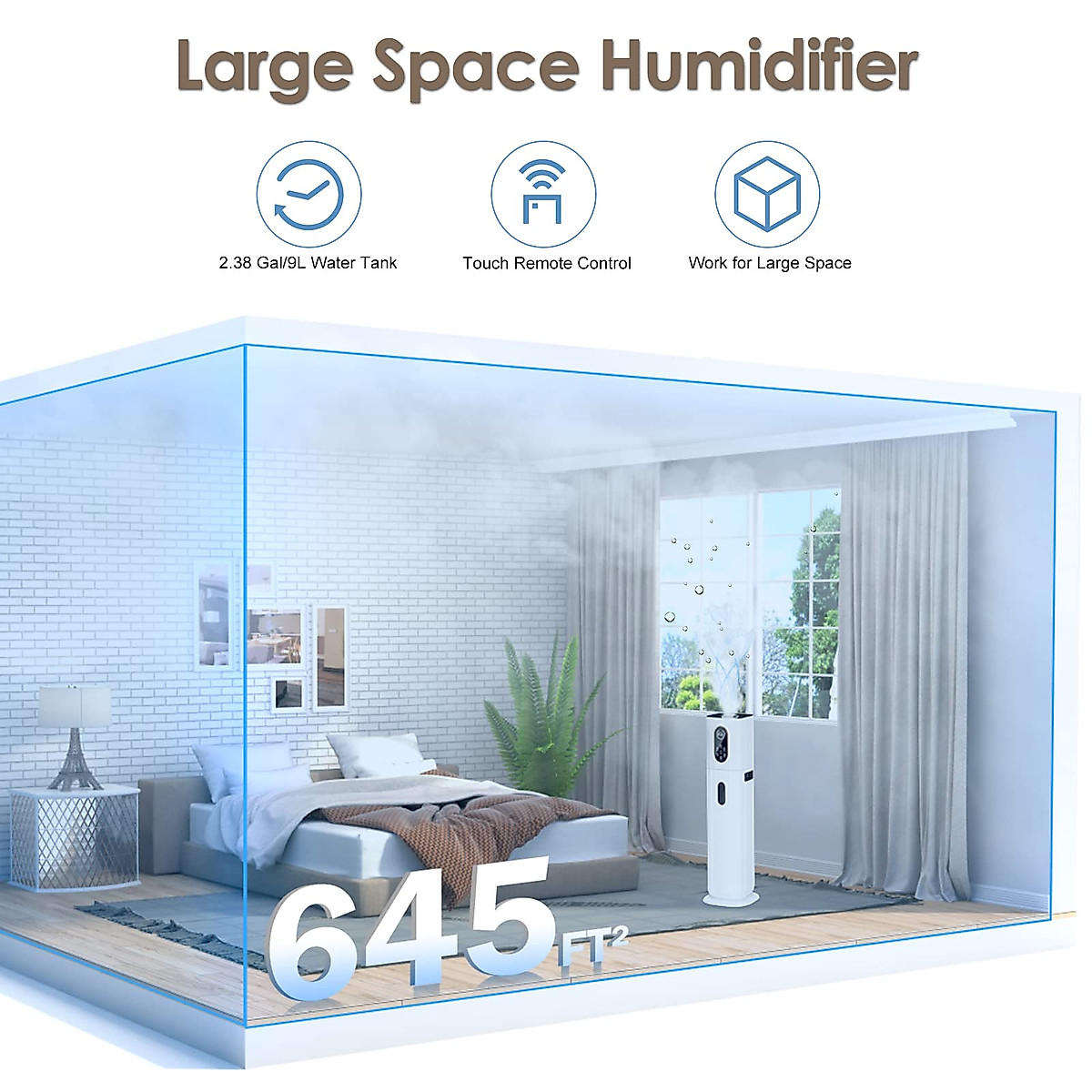 Humidifier for Large Room Bedroom, BITOWAT Warm & Cool Mist Humidifiers 9L/2.38 Gallon, Top Fill, Essential oil Tray, Custom Humidity, 3 Mist Level, Timing Setting, Remote Control