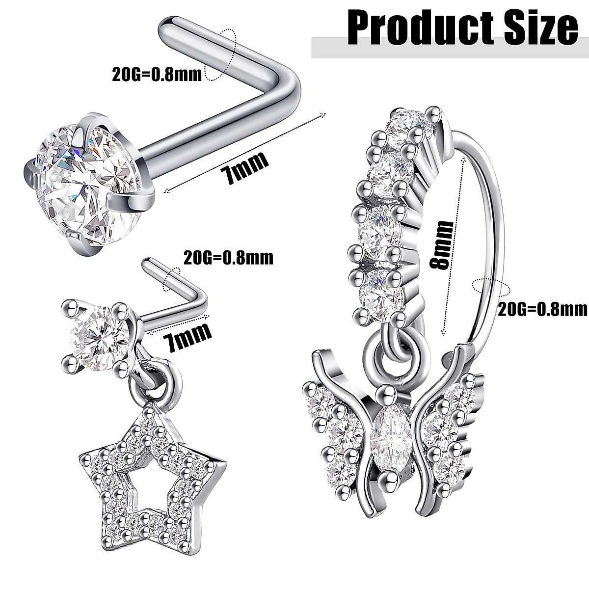 Trnayi 30 Pcs 20g Dangle Nose Ring L Shaped Nose Piercings Jewelry for Women Men Cute Nose Ring Stud Hoop Indian Nose Screw Surgical Steel Nose Ring Studs (Silver)