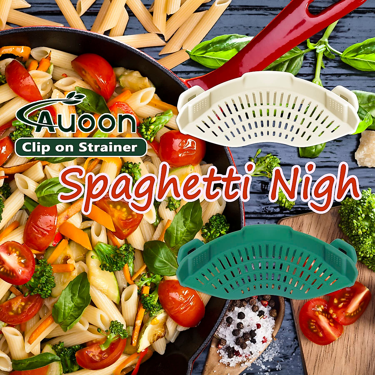 AUOON Clip On Strainer Silicone for All Pots and Pans, Pasta Strainer Clip on Food Strainer for Meat Vegetables Fruit Silicone Kitchen Colander (White)