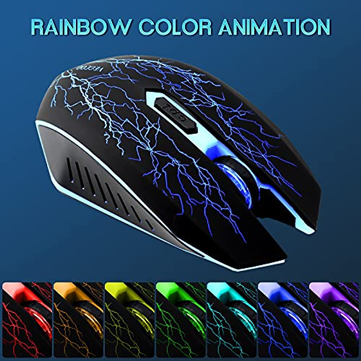 VEGCOO Wireless Gaming Mouse, Silent Click Wireless Gaming Mouse Rechargeable Mice with Colorful LED Lights and 2400/1600/1000 Three Gears Adjustable DPI, Ergonomic Mouse for Laptop PC (C11 Black)