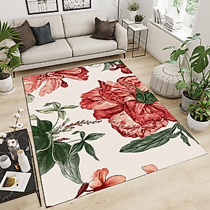 Red Roses Green Leaves Home Area Rug, Watercolor Floral Texture Artistic Indoor Non-Slip Kids Rug, Machine Washable Breathable Durable Carpet Mat for Living Room Bedroom Study 6x9ft