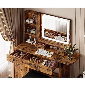 LIKIMIO Vanity Desk with Drawers & LED Lighted Mirror & Power Outlet & Cabinet, Storage Stool, Stylish Bedroom Makeup Table Set, Vintage Brown