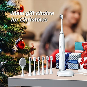SANTALA UltraSonic Electric Toothbrush with 6 Brush Heads and 1 Cleansing Brush, Waterproof Safe Power Toothbrush,5 Modes,One Charge for 100 Days,48000 VPM Motor (White)