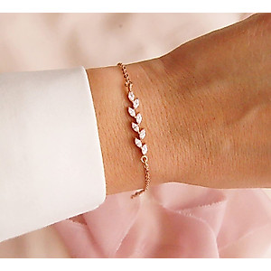 VIROMY Dainty Cubic Zirconia Leaf Bracelet for Women 18K Gold Filled Minimalist CZ Leaves Bracelet Delicate Simulated Cubic Zirconia Olive Leaf Bracelets Everyday Jewelry Gifts for Brides