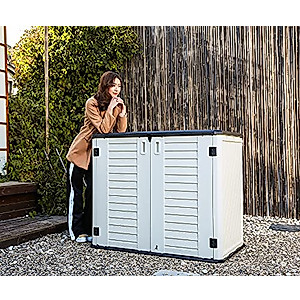 HOMSPARK Storage Shed Horizontal Outdoor Storage Box Weather Resistance, Multi-Purpose Shed Lockable with Floor - Durable Storage for Yard Toys, Garden Tools, Patio Accessories, Cream White